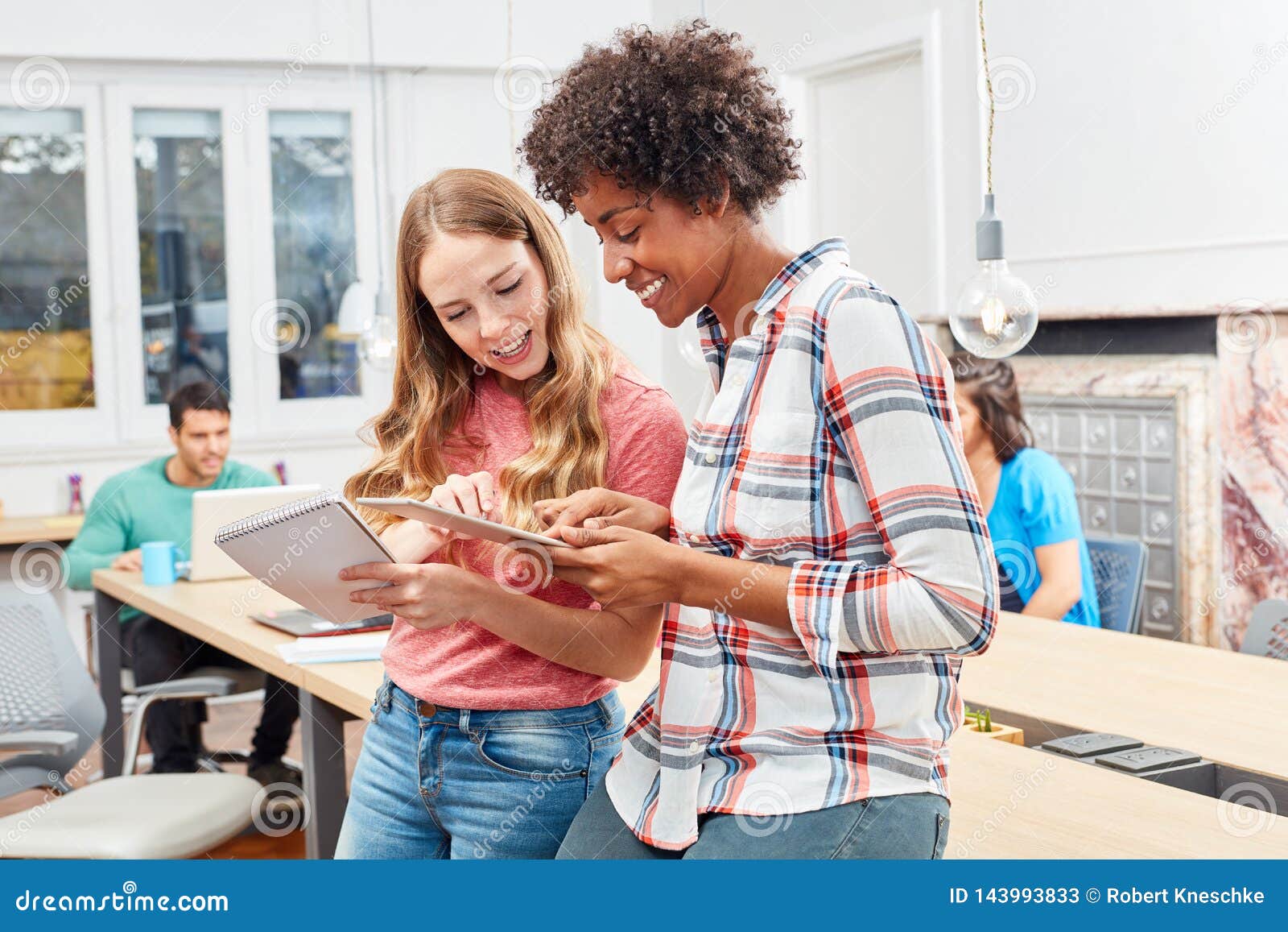 Two Female Students Work Together Successfully Stock Image - Image of ...