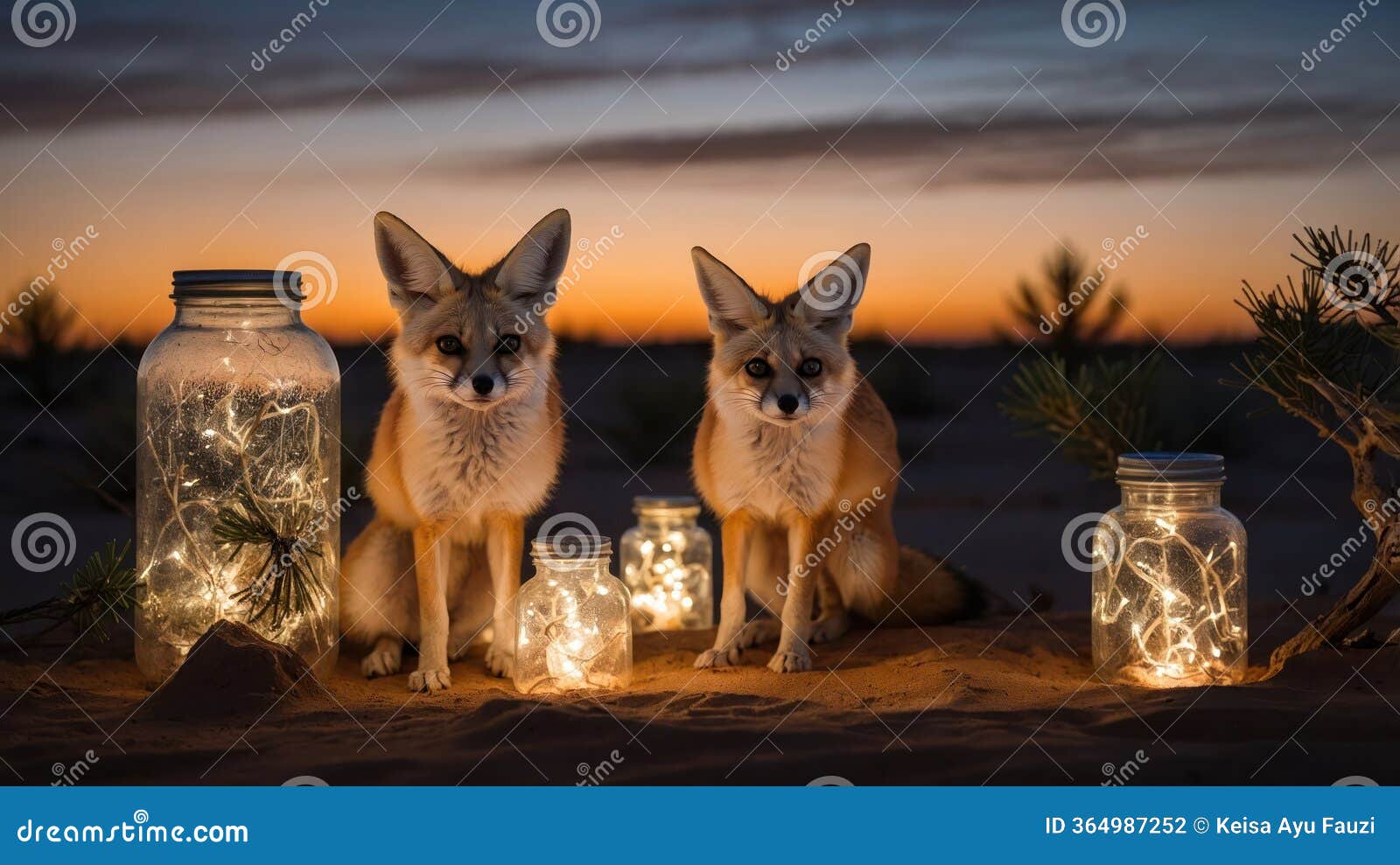 Two Fennec Foxes Sleeping Together Under The Desert Night Sky Stock ...