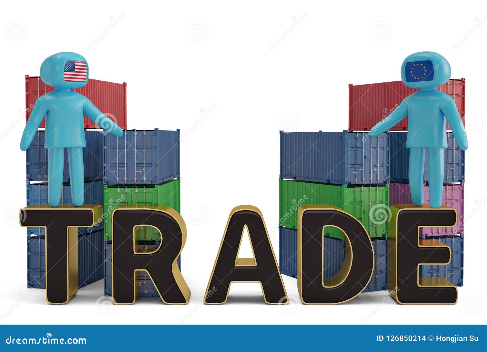 Two Figure People on Trade Letter and Containers 3D Illustration Stock ...