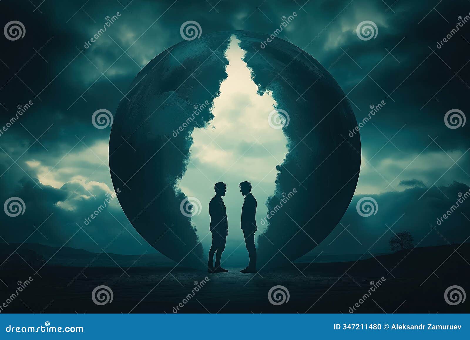 Two Figures Face Each Other in a Surreal Setting, Where a Globe Split ...