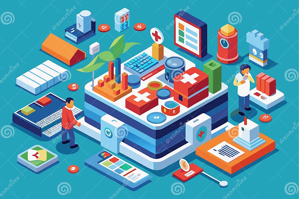Two Figures Interact with a Colorful Layout Featuring Medical Tools ...