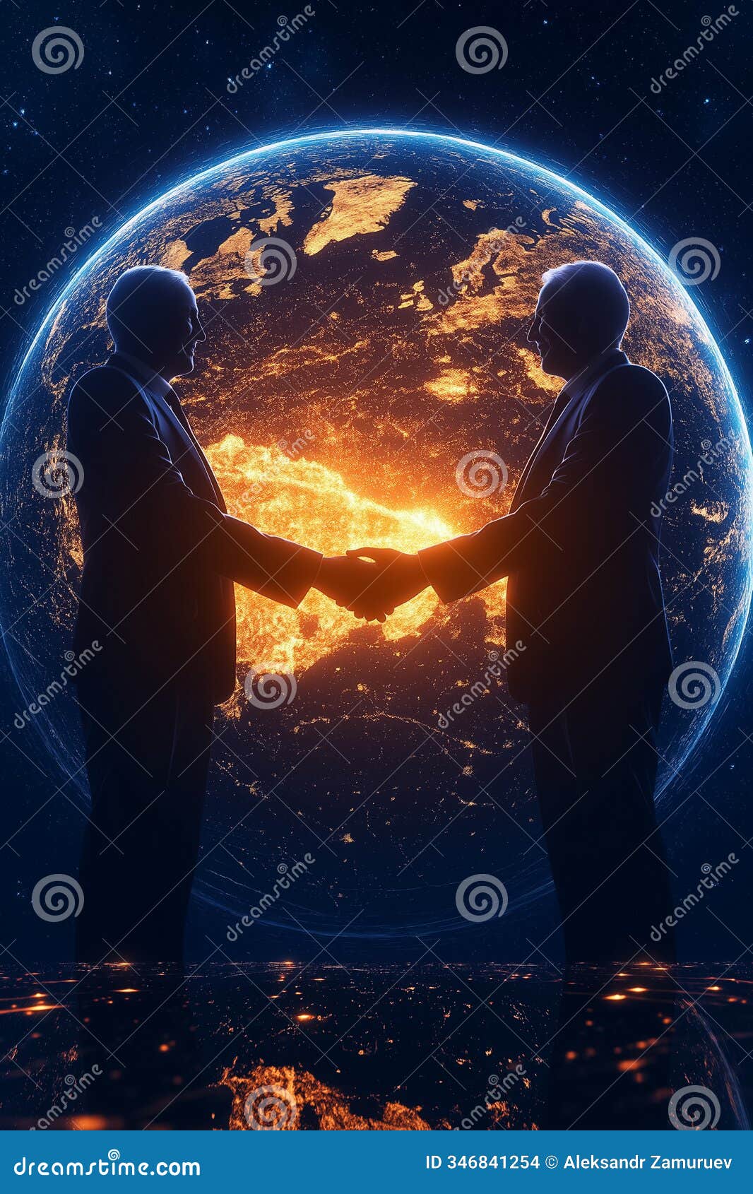Two Figures Shake Hands Against a Colorful Globe, Symbolizing Unity and ...