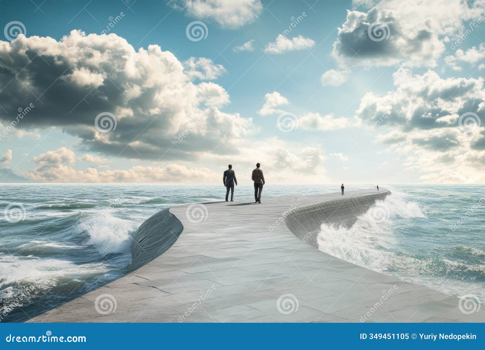 Two Figures Walking Along a Winding Path Over the Ocean Under a ...