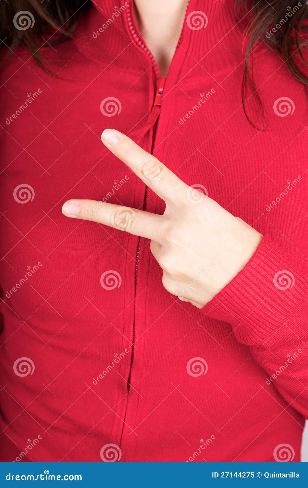 Two Fingers Symbol on Red Sweater Stock Image - Image of adult, closeup ...