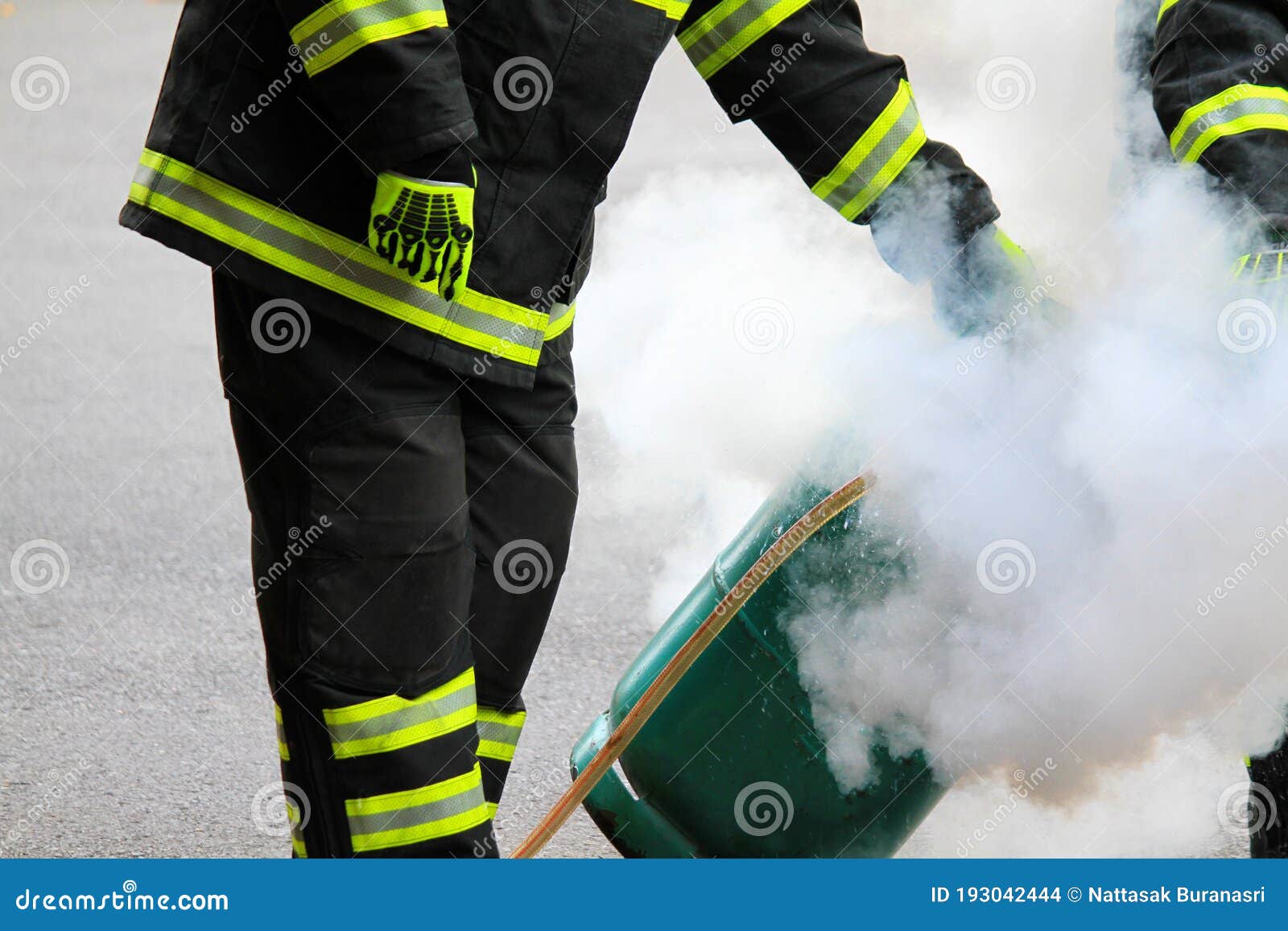 Two Firefighter Or Fireman Help And Using Fire Extinguisher Spraying ...