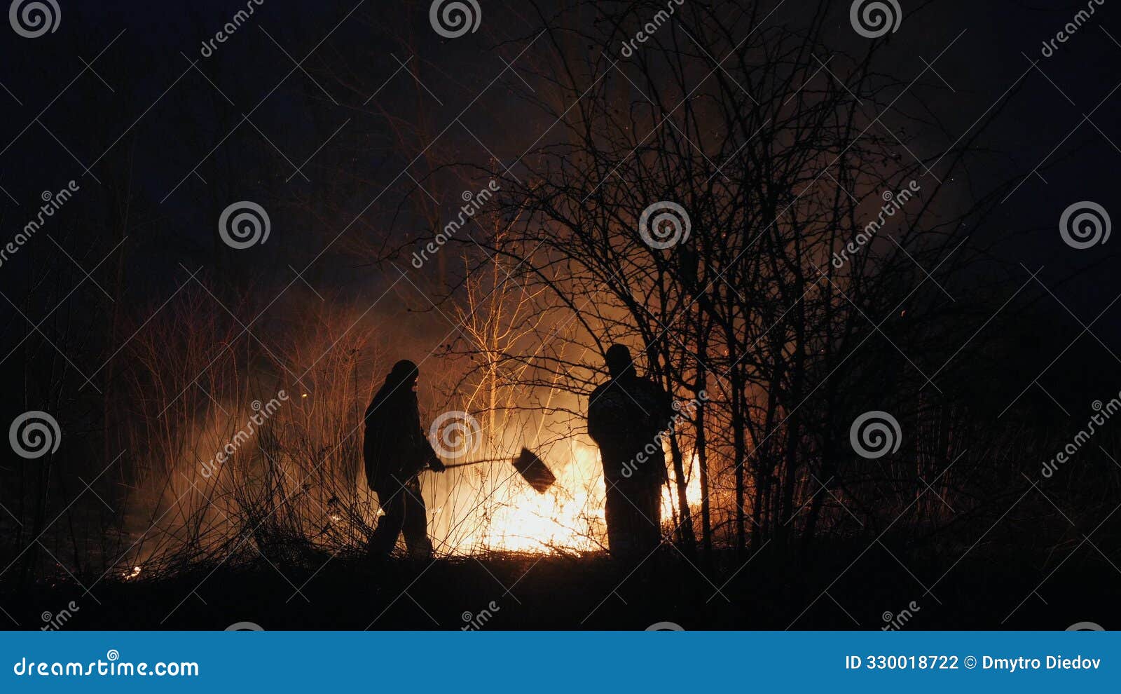 Two Firefighters with Fire Flappers Extinguish a Fire in the Forest at ...