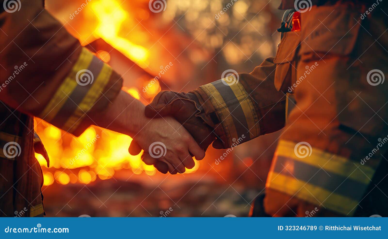Two Firefighters Shaking Hands in Front of a Blazing Fire, Symbolizing ...