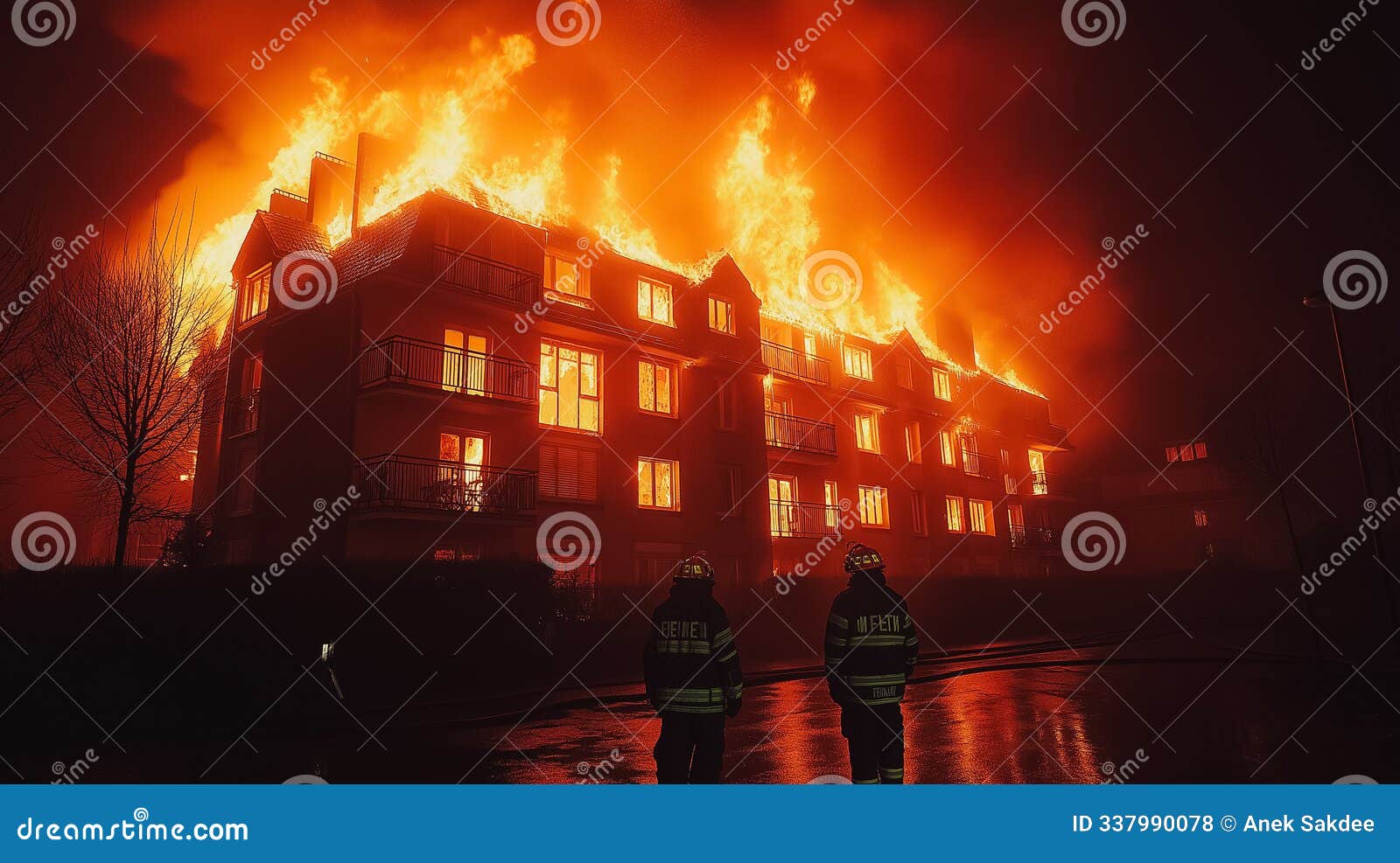 Two Firefighters Standing in Front of a Burning Building. the Building ...