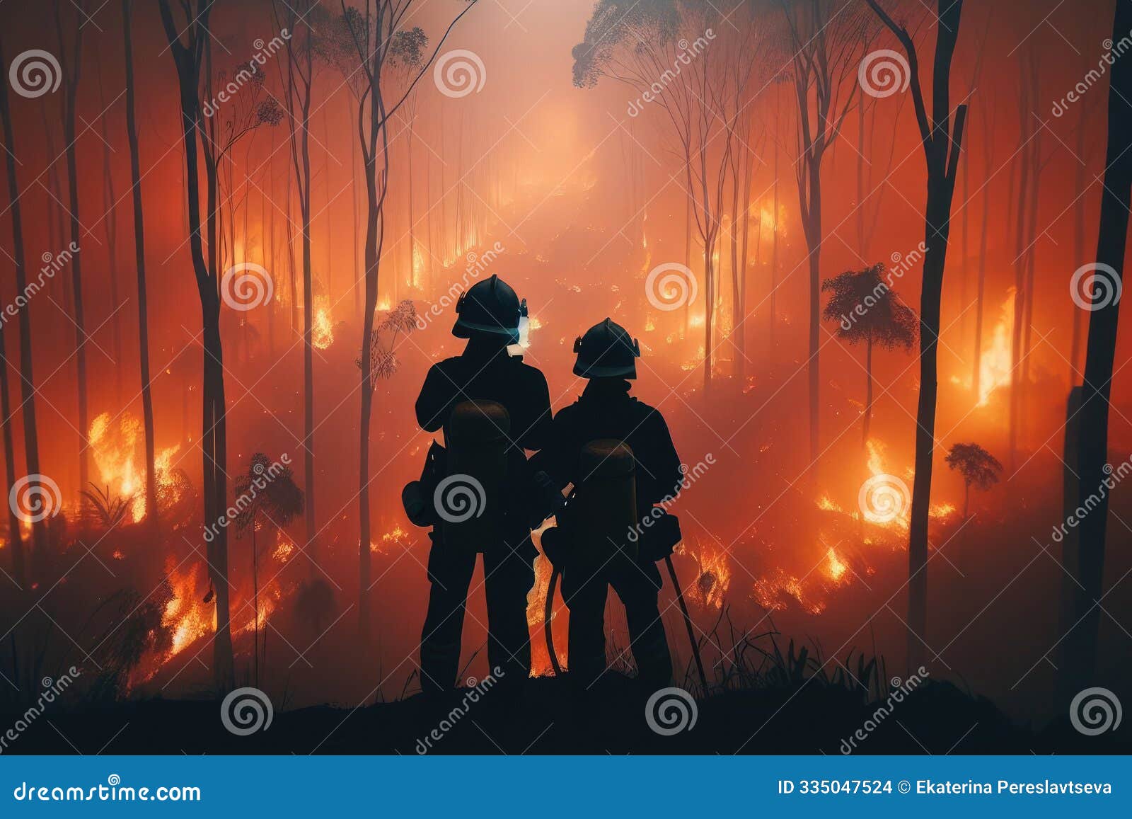 Two Firefighters Standing in Front of a Forest Fire Stock Photo - Image ...