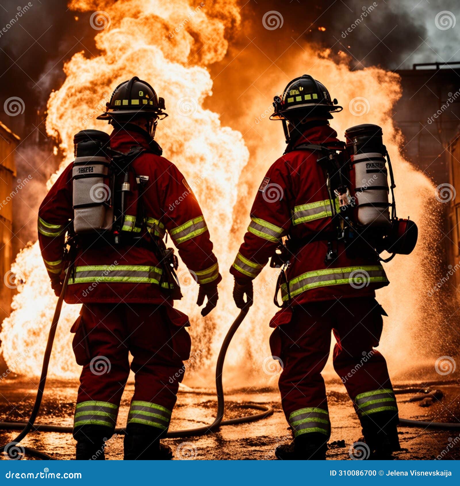 Firemen At A Building In The City At Night. Firefighters Fighting A ...