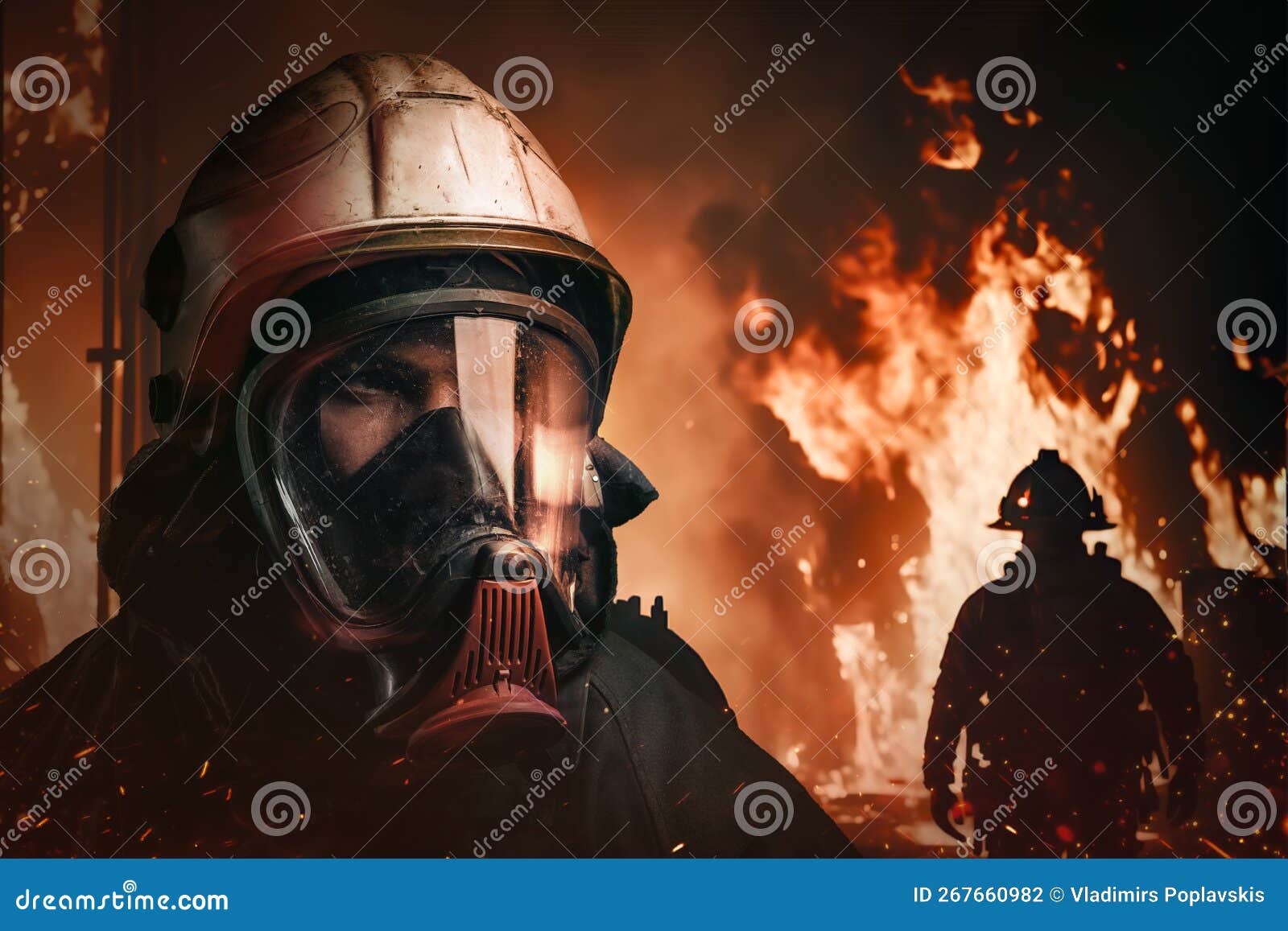 Two Firemen Working Together Putting Out Fire in Burning Building Stock ...