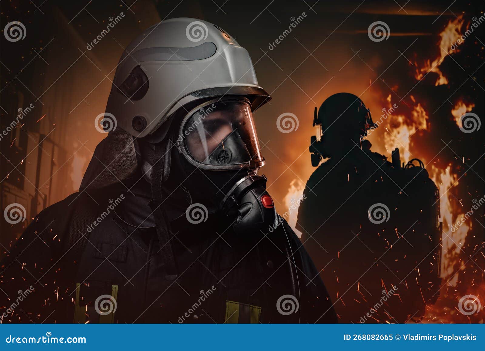 Two Firemen Working Together Putting Out Fire in Burning Building Stock ...
