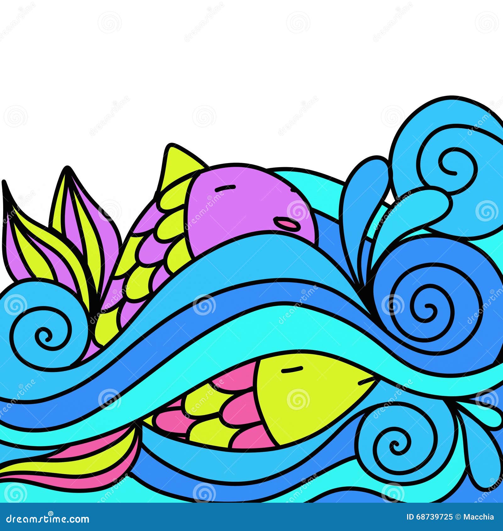 Two Fish among the Blue Waves Stock Illustration - Illustration of ...