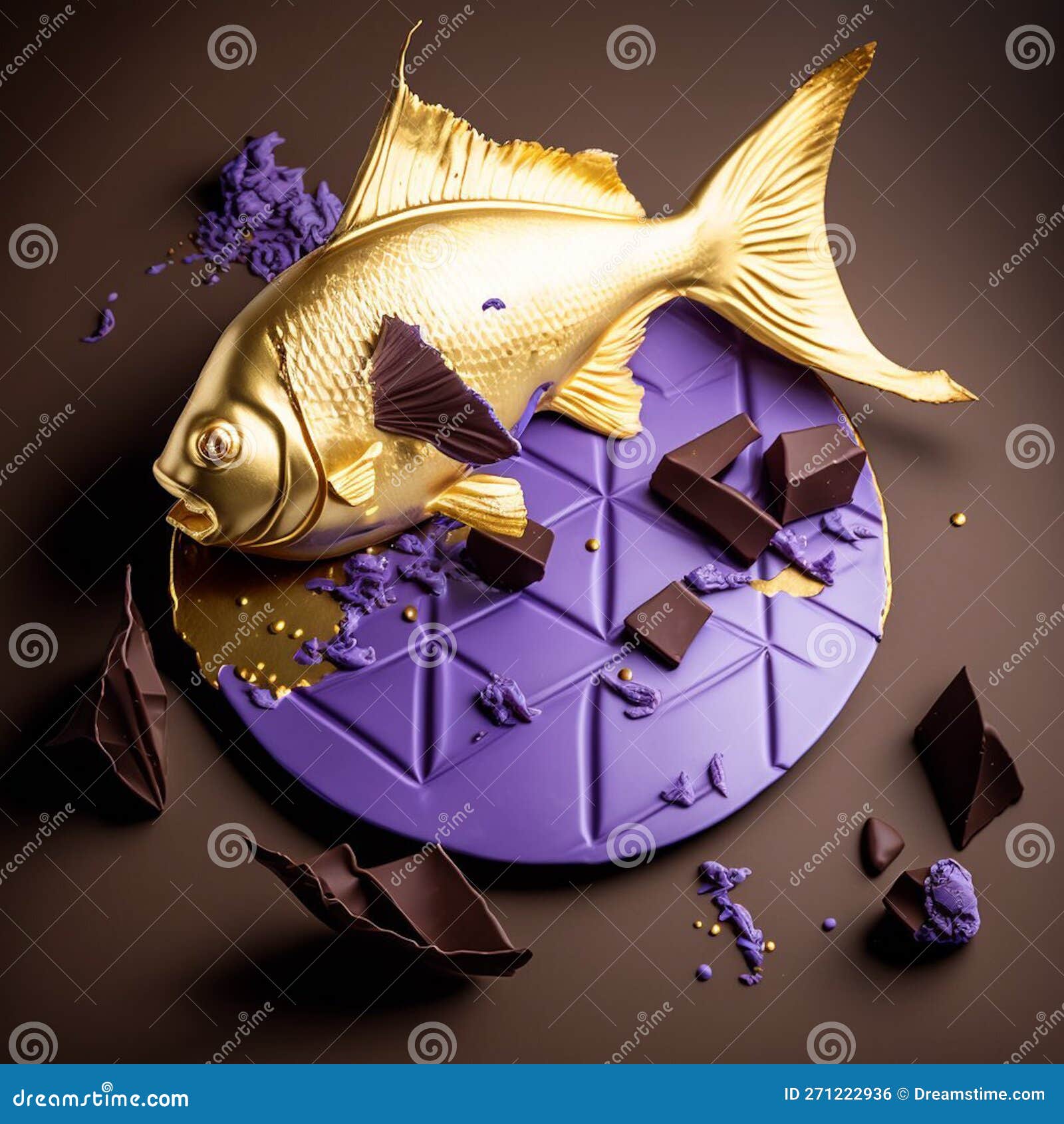 Two Fish are on a Gold Plate with Chocolate Sauce and Chocolate. Stock ...