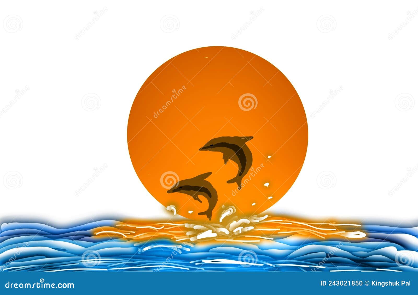 Two Fish Jumping Out of the Water, and Sun, on White Background. Stock ...