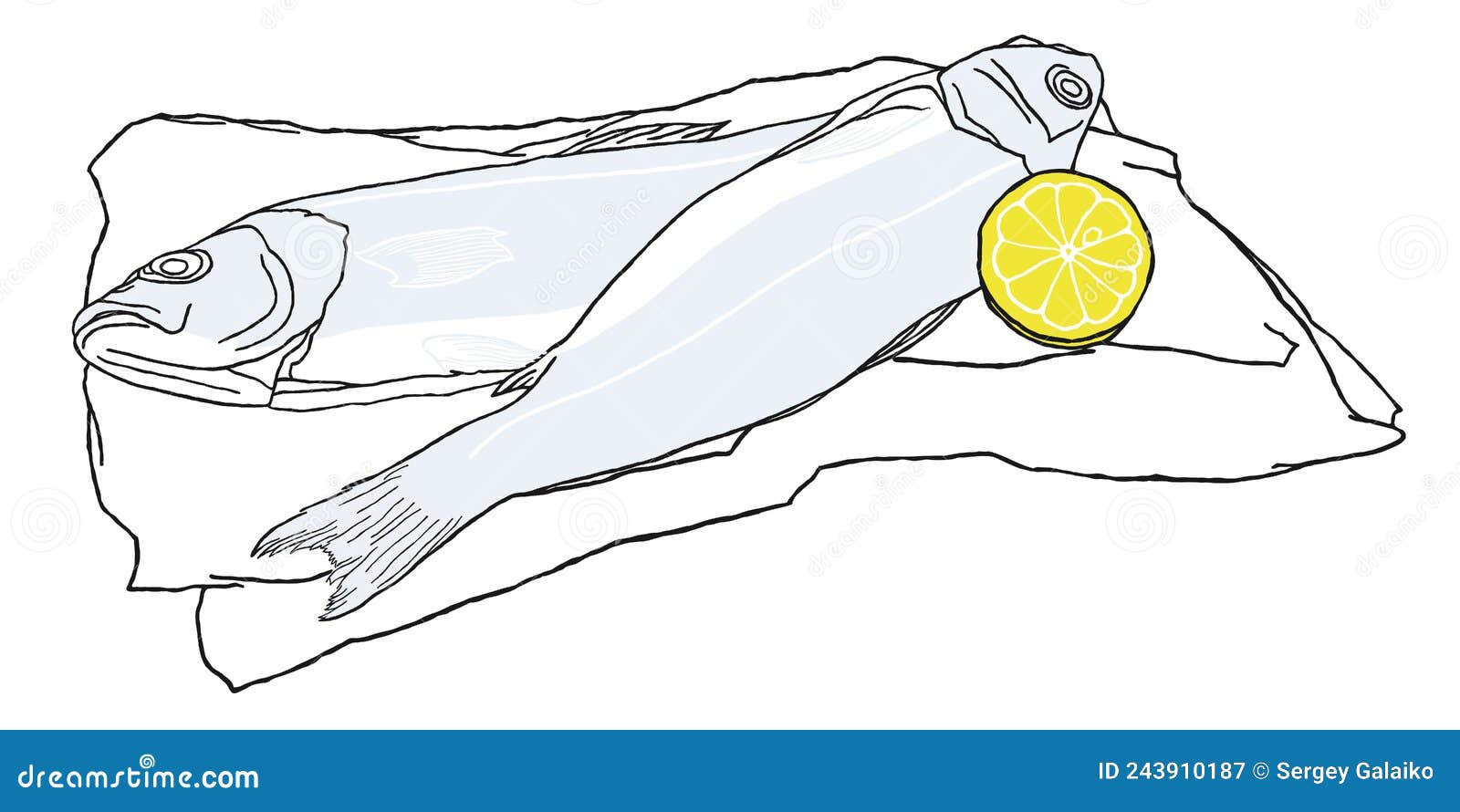Two Fish Lie on a Piece of Paper and Next To a Lemon Stock Vector ...