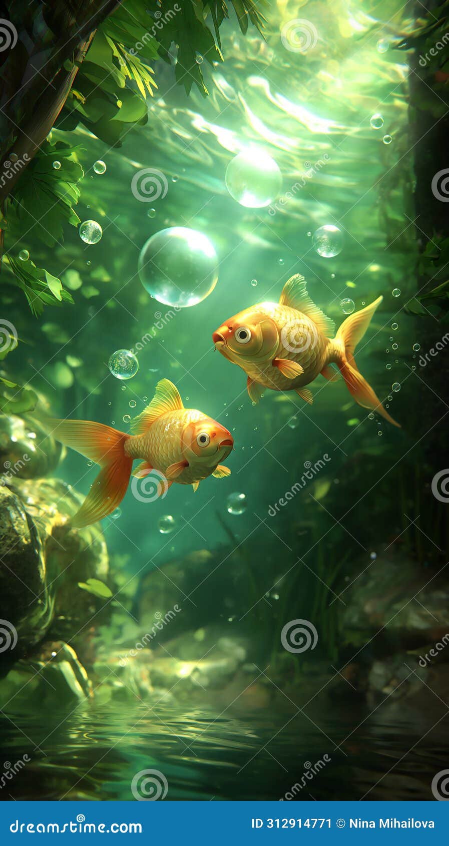 Two Fish Looking through the Screen at the Audience Swimming in Clear ...