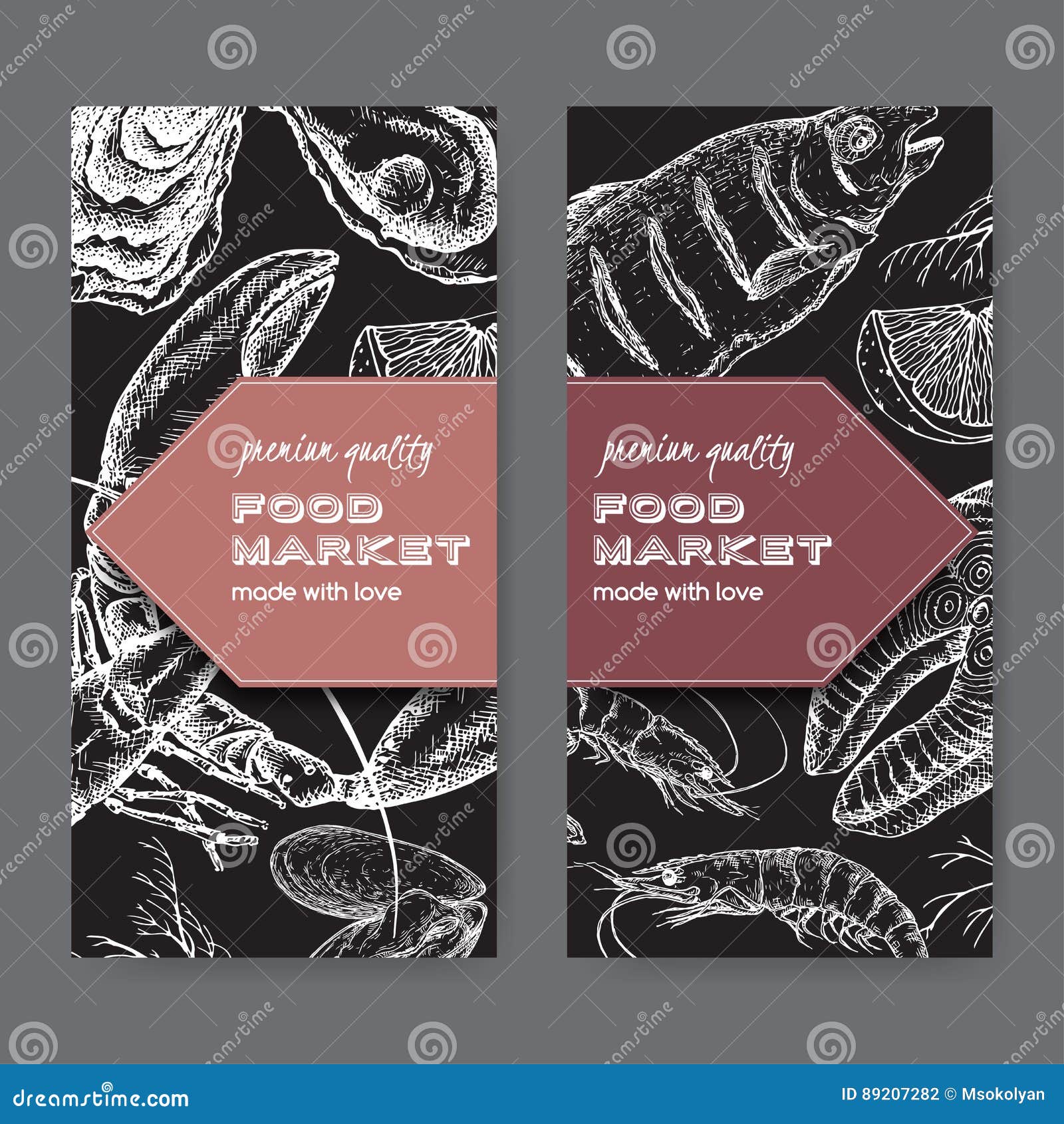 Two Fish Market Label Templates With Fish, Lobster, Seafood. Vector ...