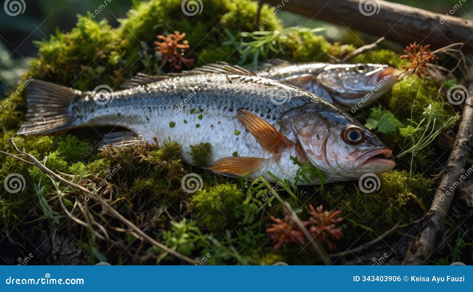 Two Fish Resting on Moss with Greenery, Showcasing Nature S Bounty ...
