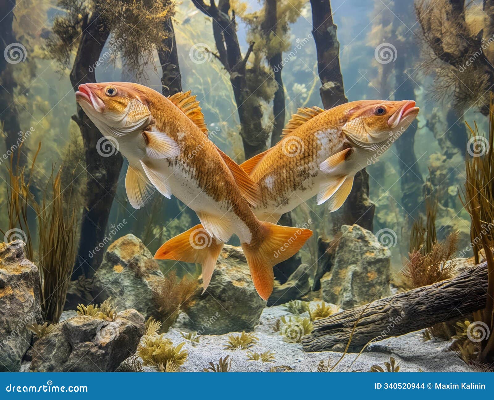 Two Fish Swimming in a Tank with a Rock in the Background Stock Photo ...