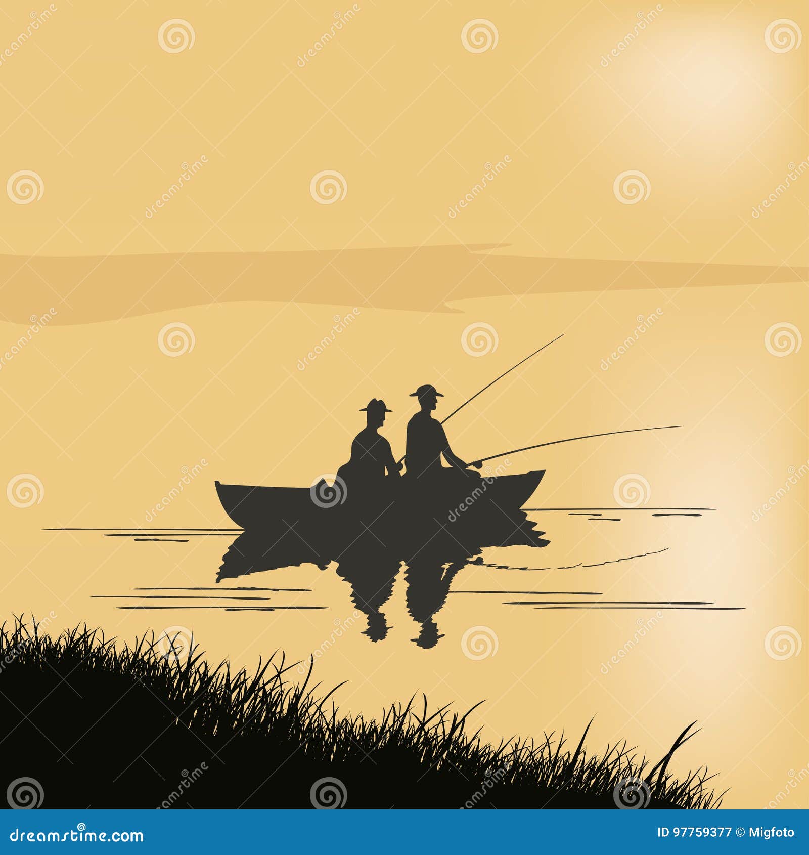 Two fishermen in a boat. stock vector. Illustration of shore - 97759377