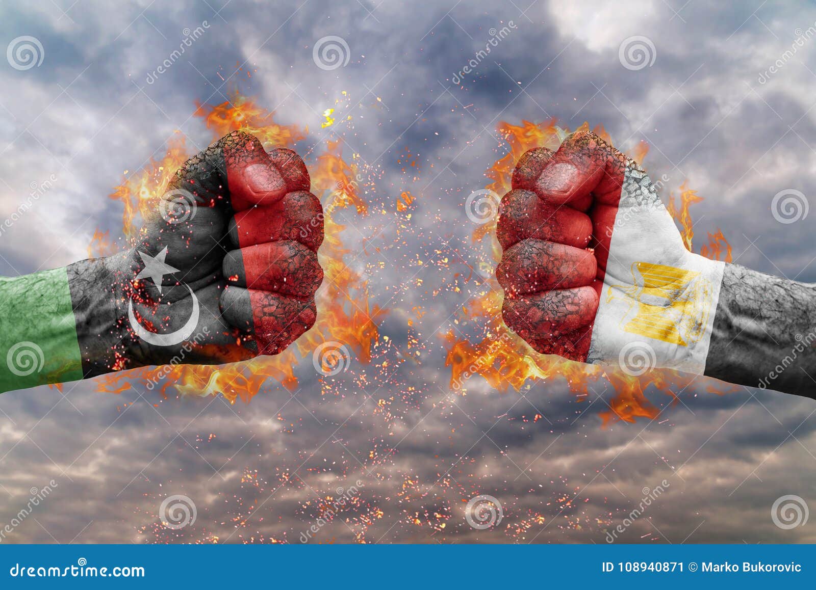Two Fist with the Flag of Libya and Egypt Faced at Each Other Stock ...