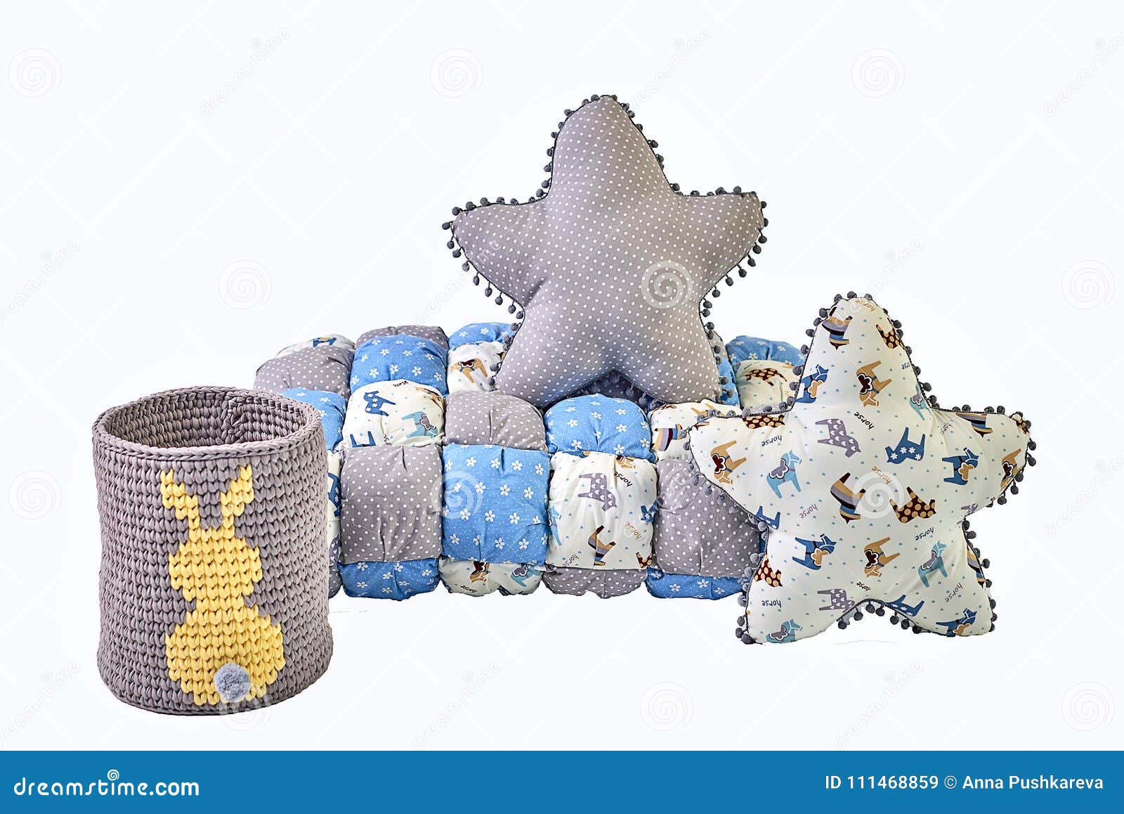 Two Five-pointed Star Shaped Pillows, Patchwork Comforter and Knitted Basket with Yellow Rabbit ...