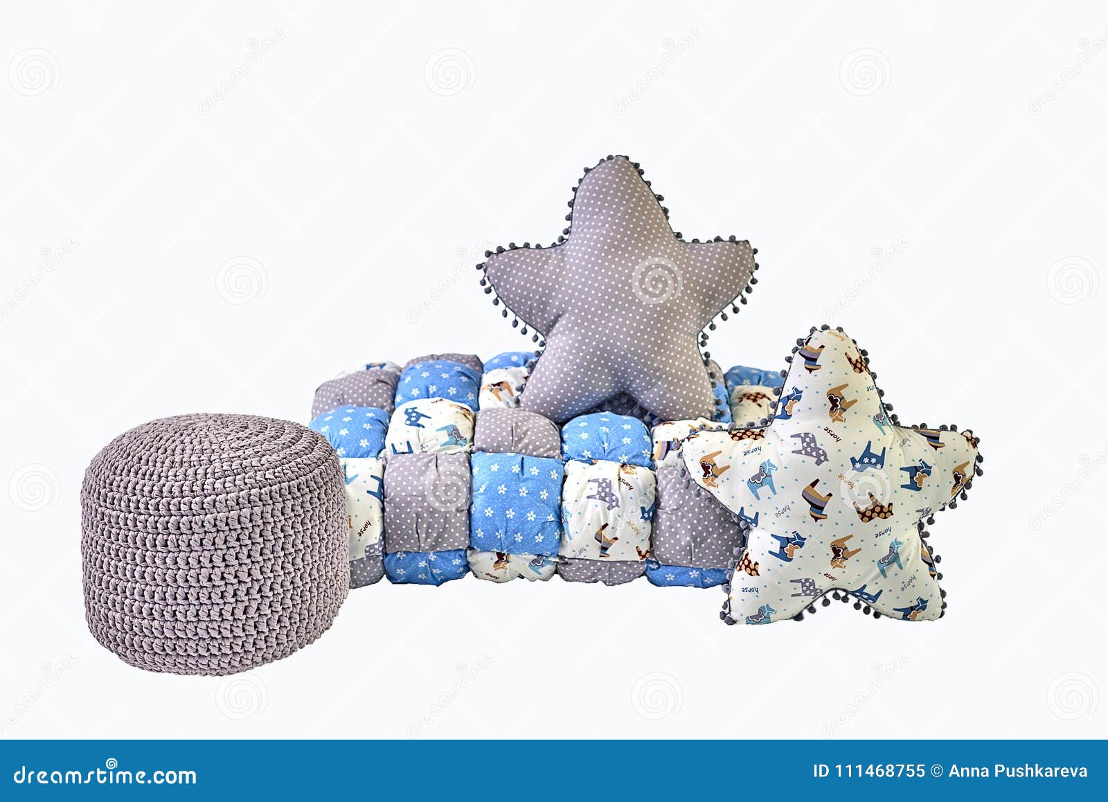 Two Five-pointed Star Shaped Pillows, Patchwork Comforter and Knitted Padded Stool on White ...