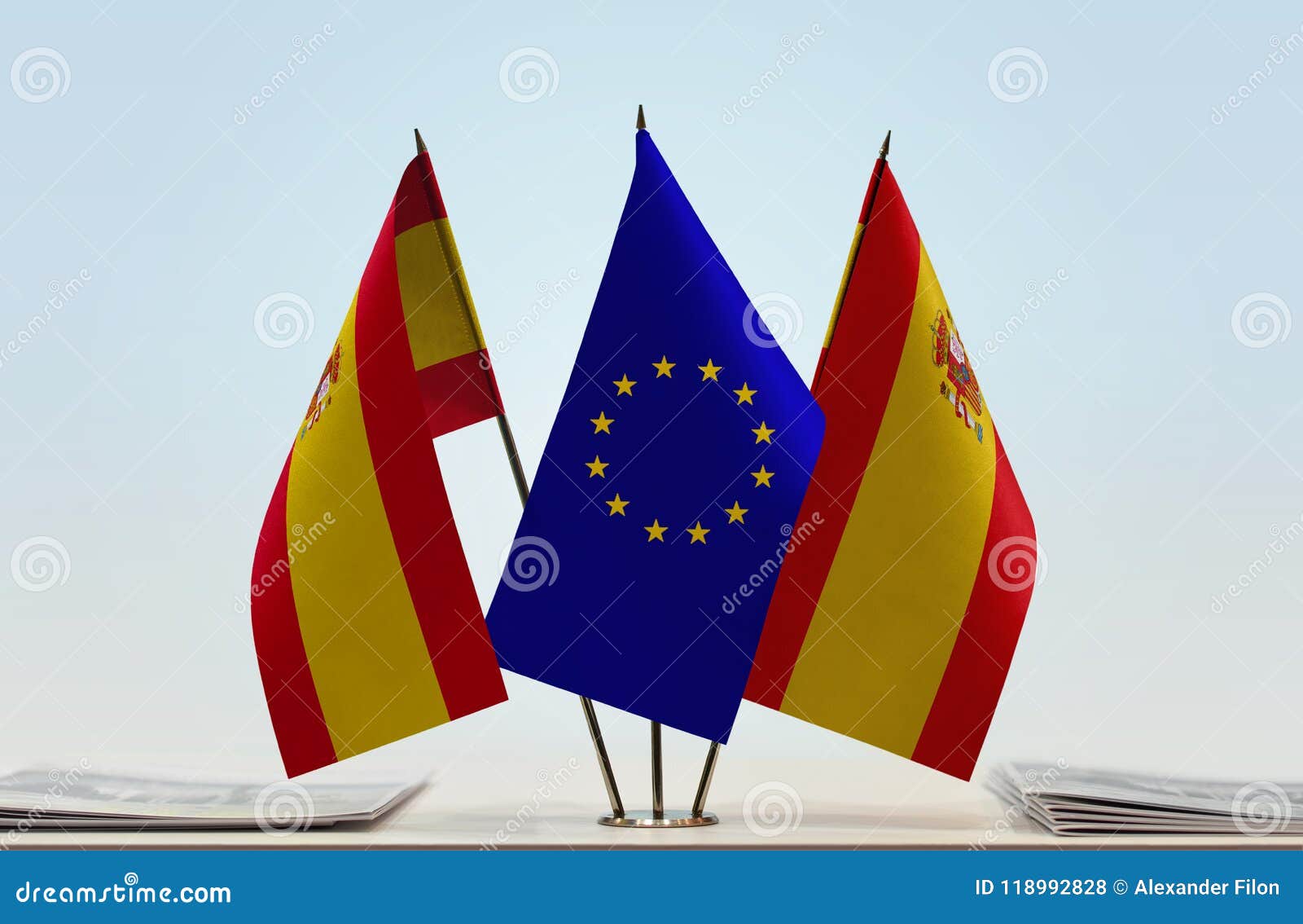 Two Flags of Spain and European Union between Stock Photo - Image of ...