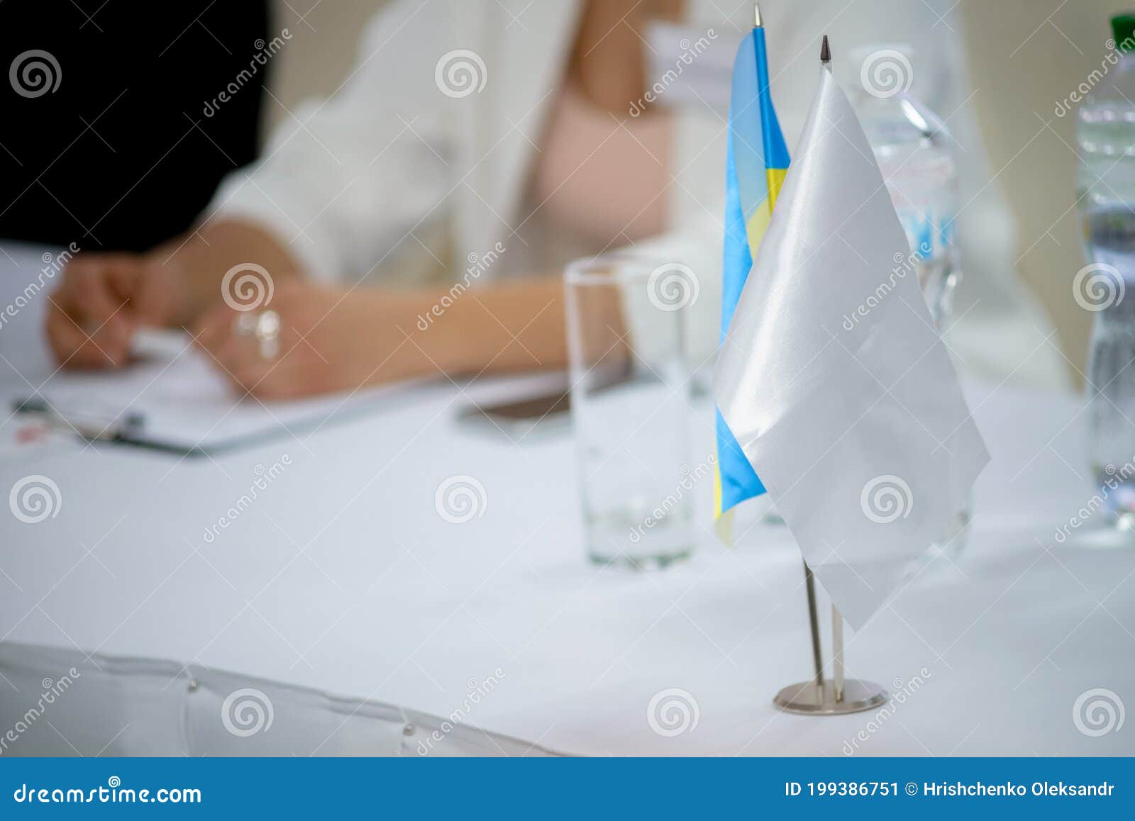Two Flags on the Table. Indoor Business Conference Stock Image - Image ...