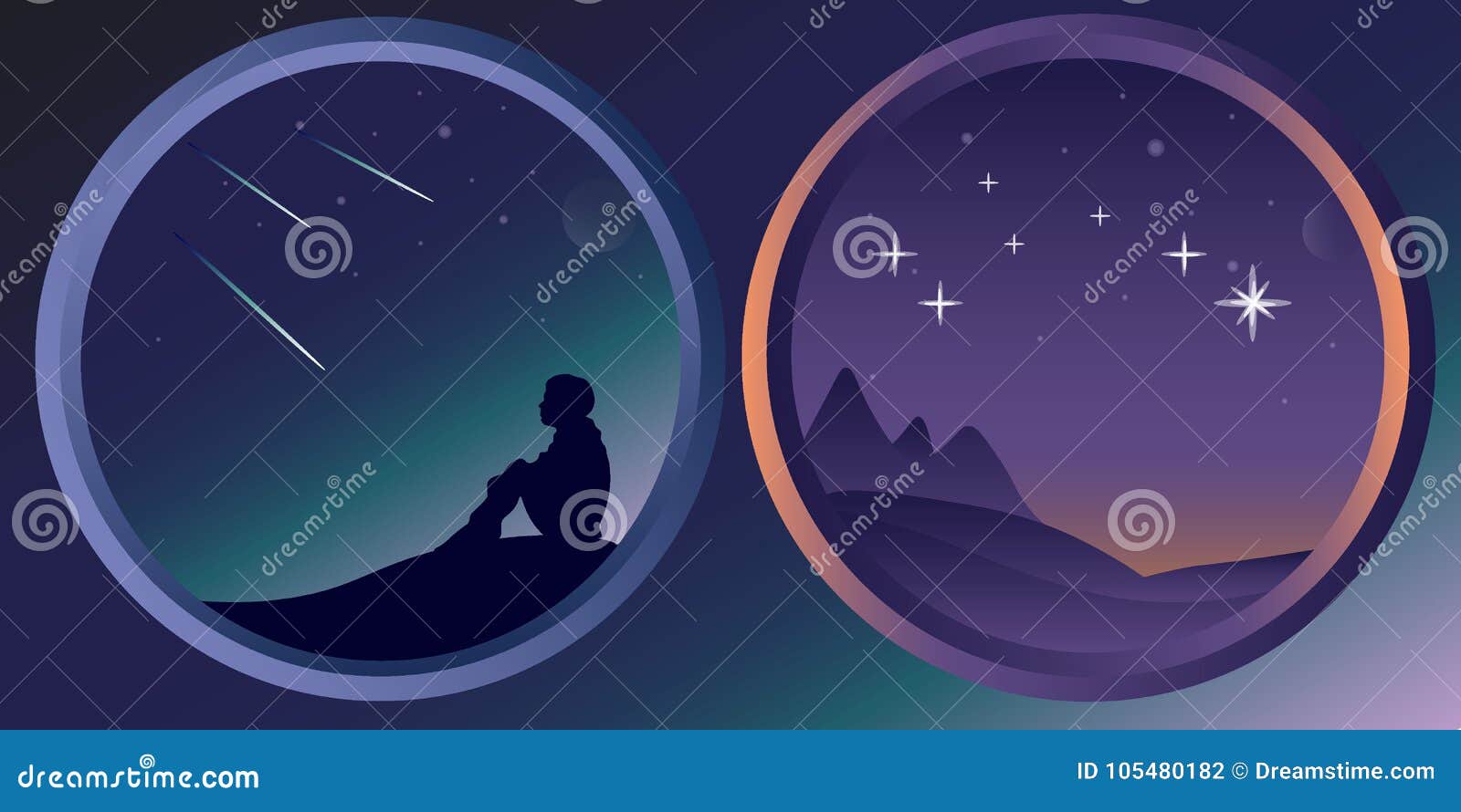 Two Flat Night Landscapes with Stars and the Moon Stock Vector ...