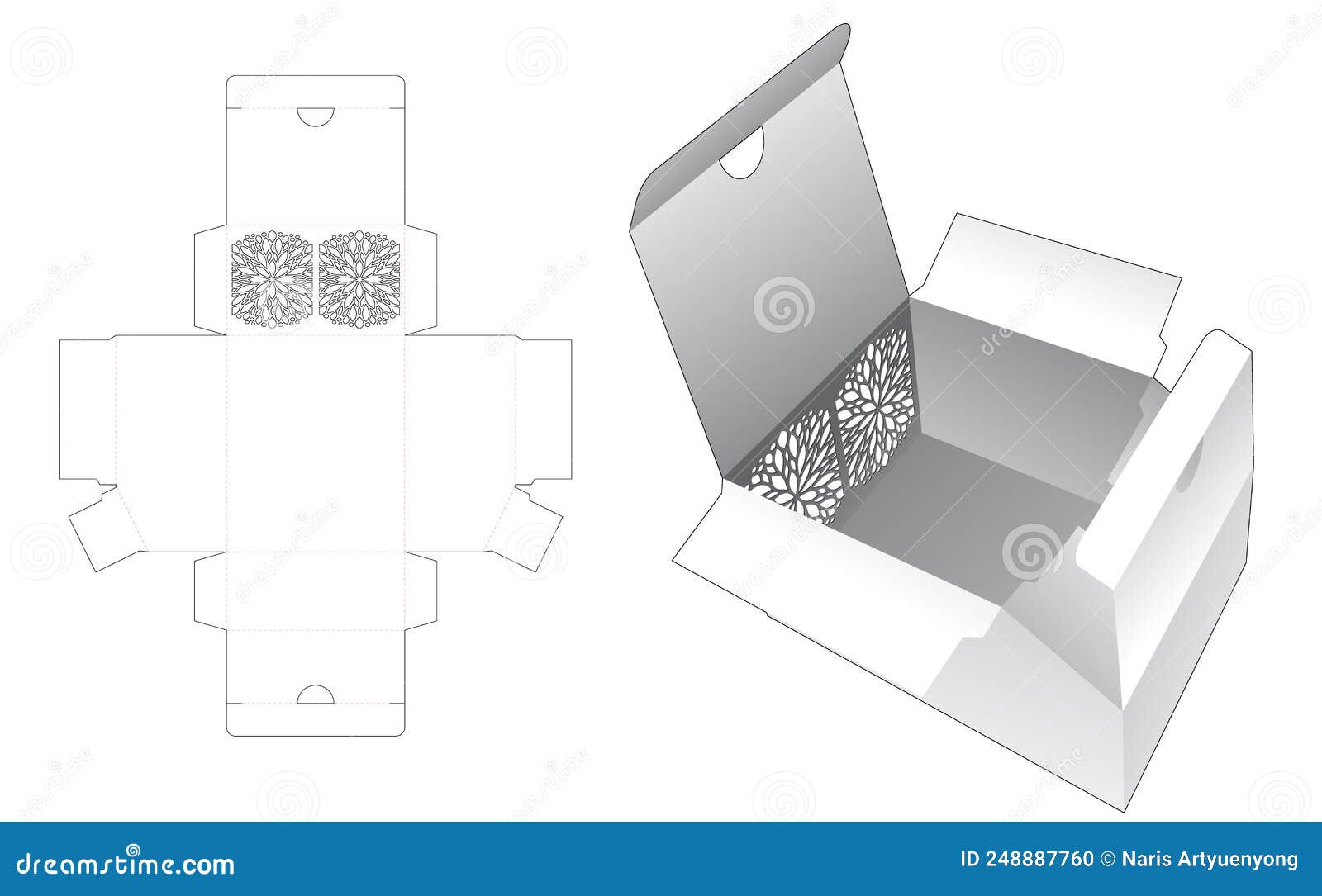 Chamfered Box With Stenciled Curved Pattern Window Die Cut Template And ...