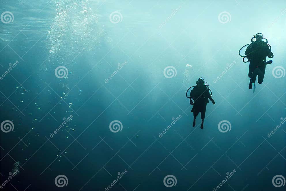 Two Floating Scuba Divers and a Diver Underwater View at Depth. Stock ...