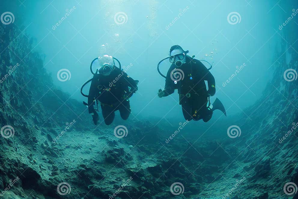 Two Floating Scuba Divers and a Diver Underwater View at Depth. Stock ...