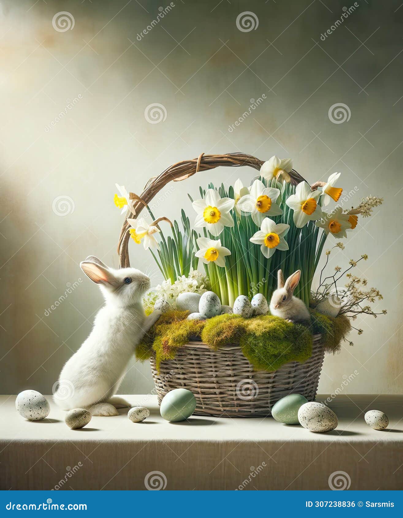Two Fluffy White Bunnies beside a Wicker Basket Full of Daffodils and ...