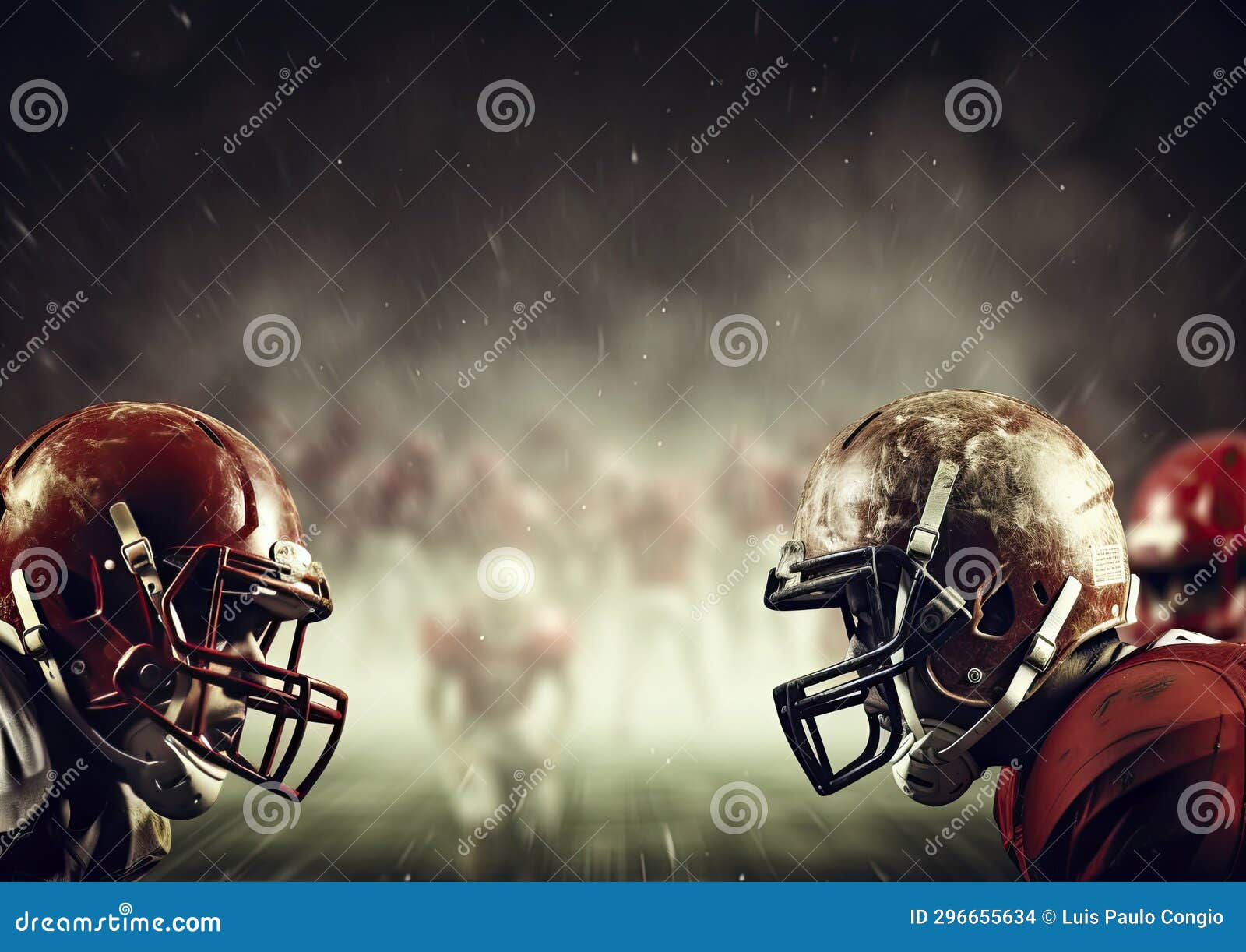 Two Football Helmets Facing Each Other on a Field Stock Photo - Image ...