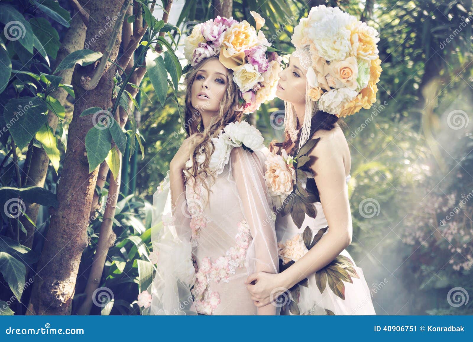 Two Forest Nymphs Weraing Fancy Hats Stock Image - Image of flowers ...