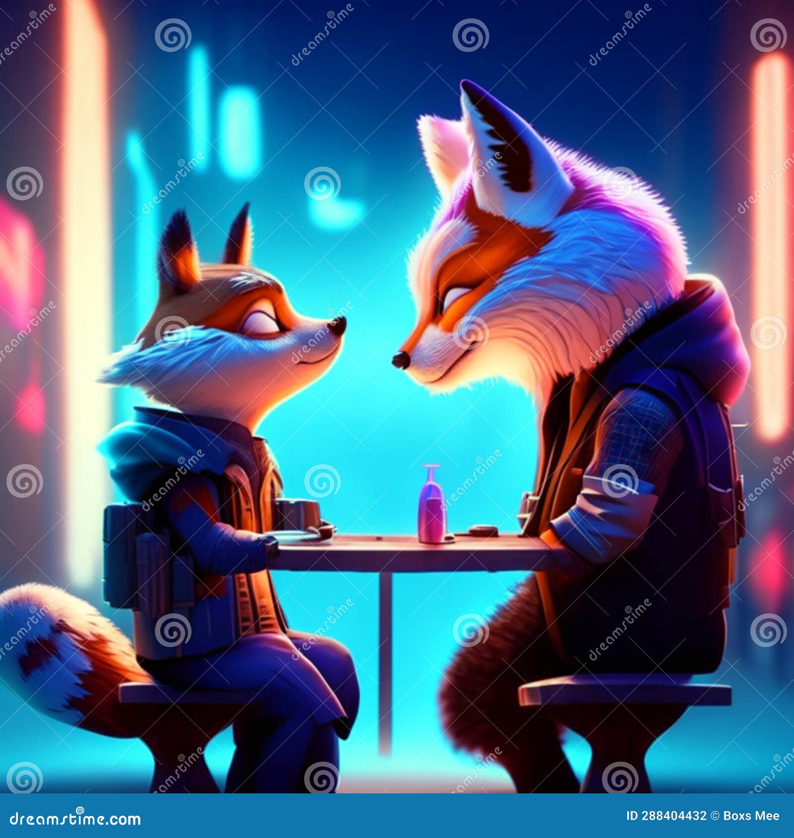 Two Foxes Sitting at the Table in a Restaurant. 3d Rendering Generative ...
