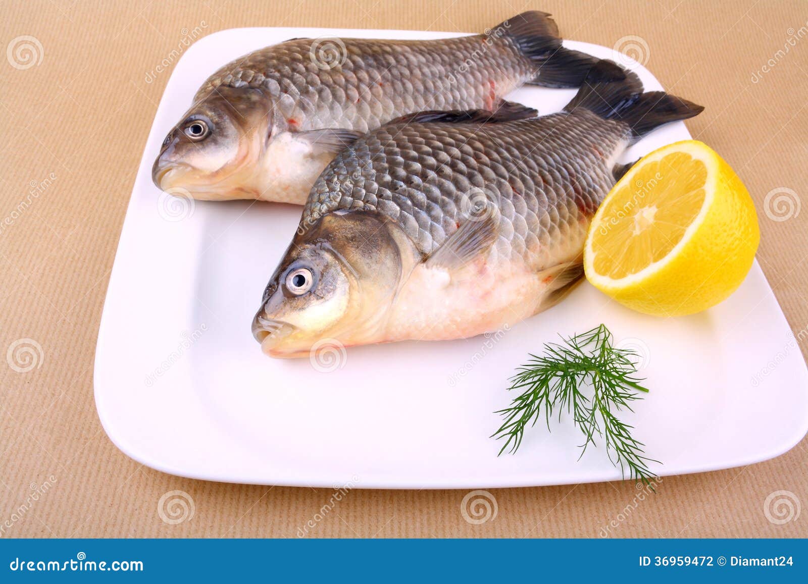 Two Fresh Carp on White Plate with Lemon Stock Photo - Image of minnow ...