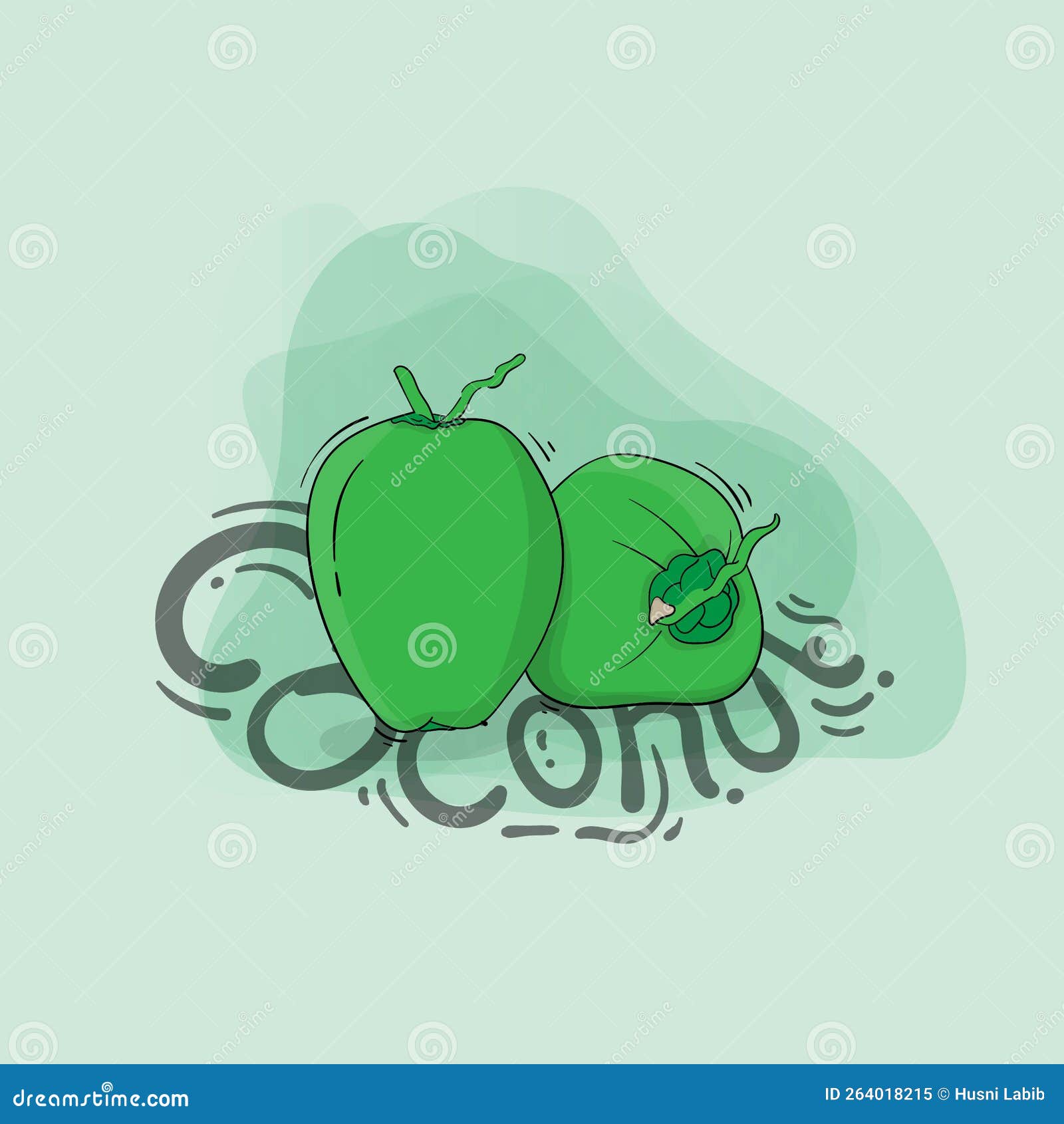 Two Fresh Green Young Coconuts in Cartoon Design with Hand Drawn of ...