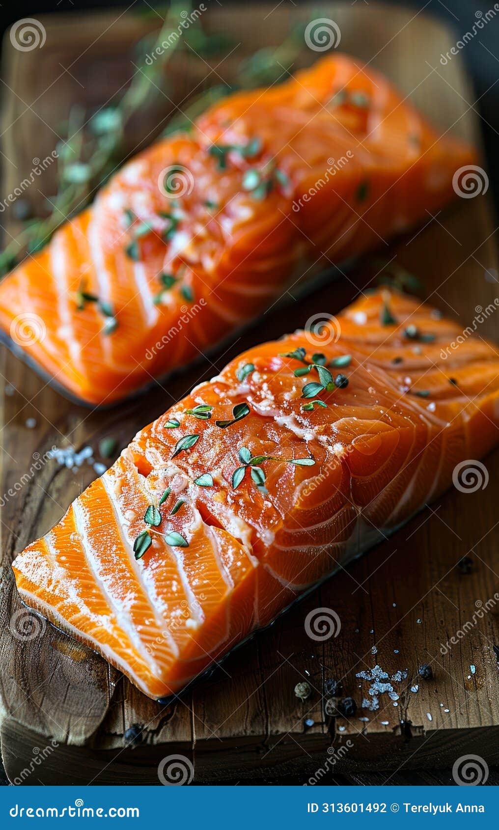 Two Fresh Salmon Fillets on Wooden Cutting Board Stock Photo - Image of ...