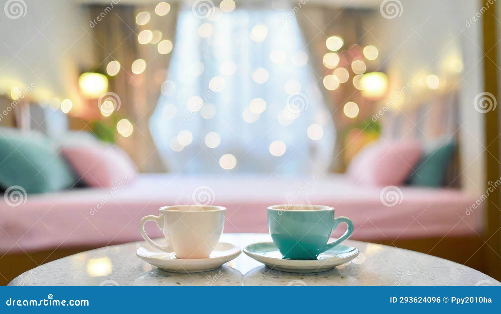 Two Freshly Made Coffees on a Table in a Cute Hotel Room. There is a ...