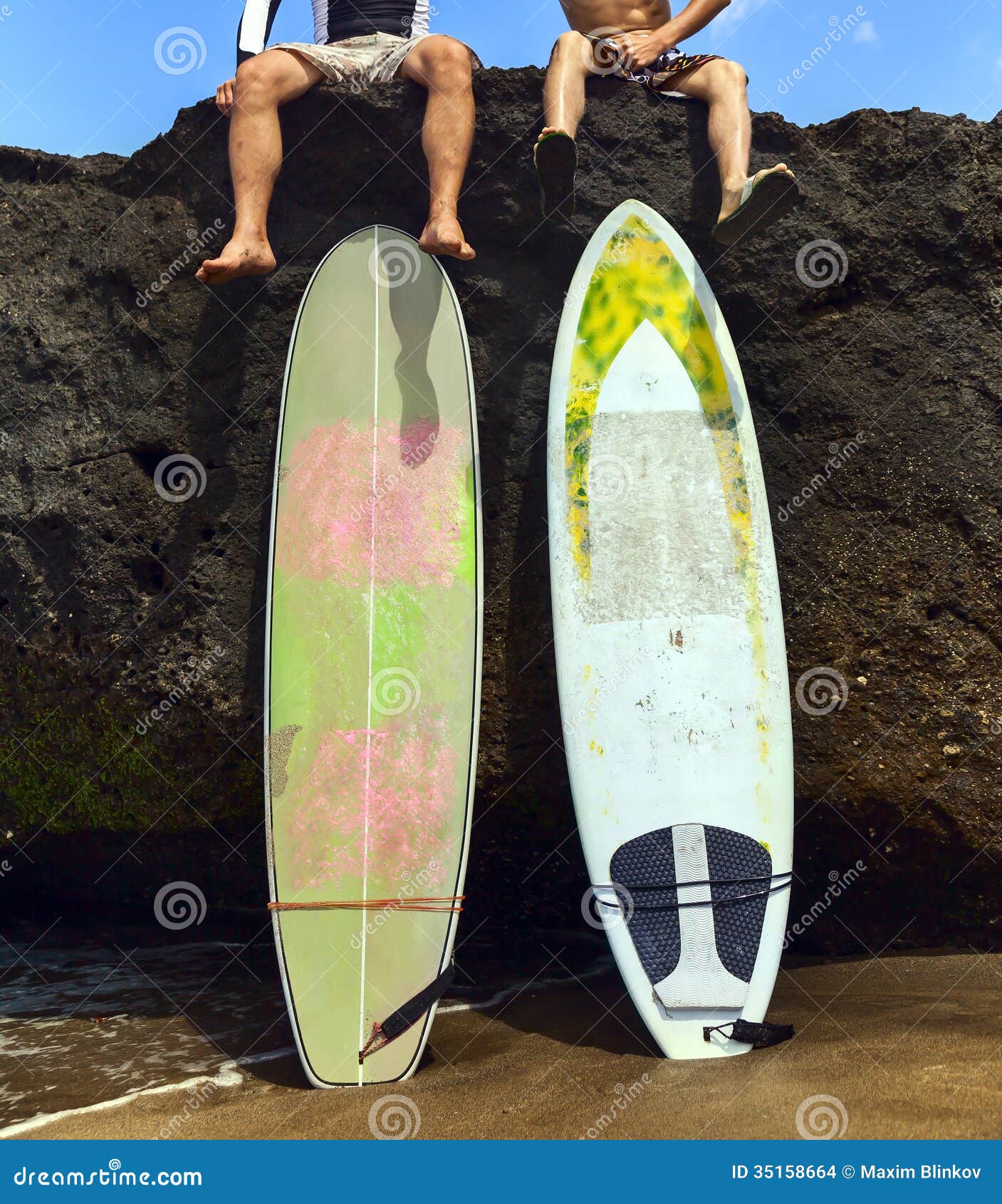 Two Friend Surfer Sitting on Rock Stock Photo - Image of sand, surfer ...