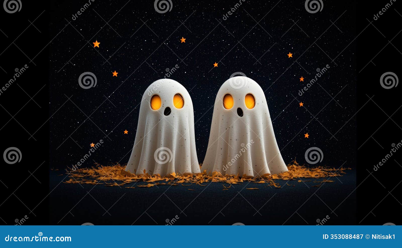 Two Friendly Ghosts with Glowing Eyes on a Dark Starry Background Stock ...