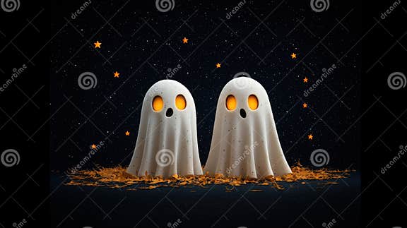Two Friendly Ghosts with Glowing Eyes on a Dark Starry Background Stock ...