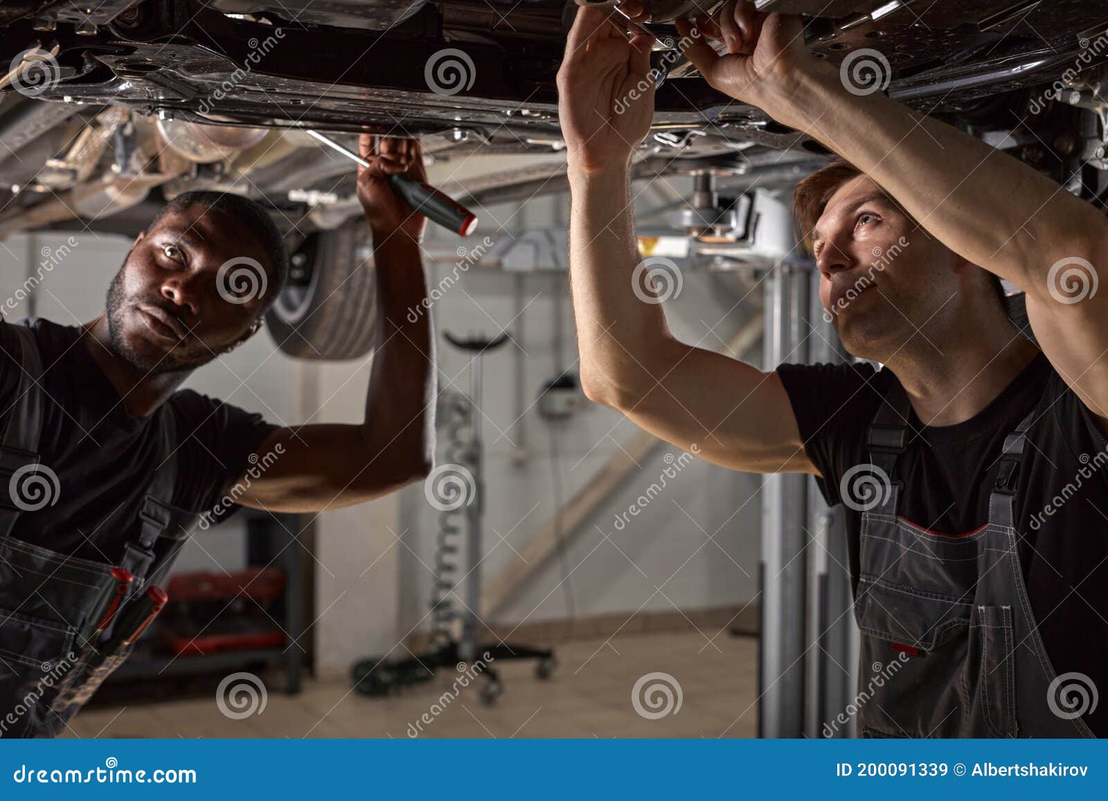Two Friendly Professional Auto Mechanic during Work Stock Image - Image ...