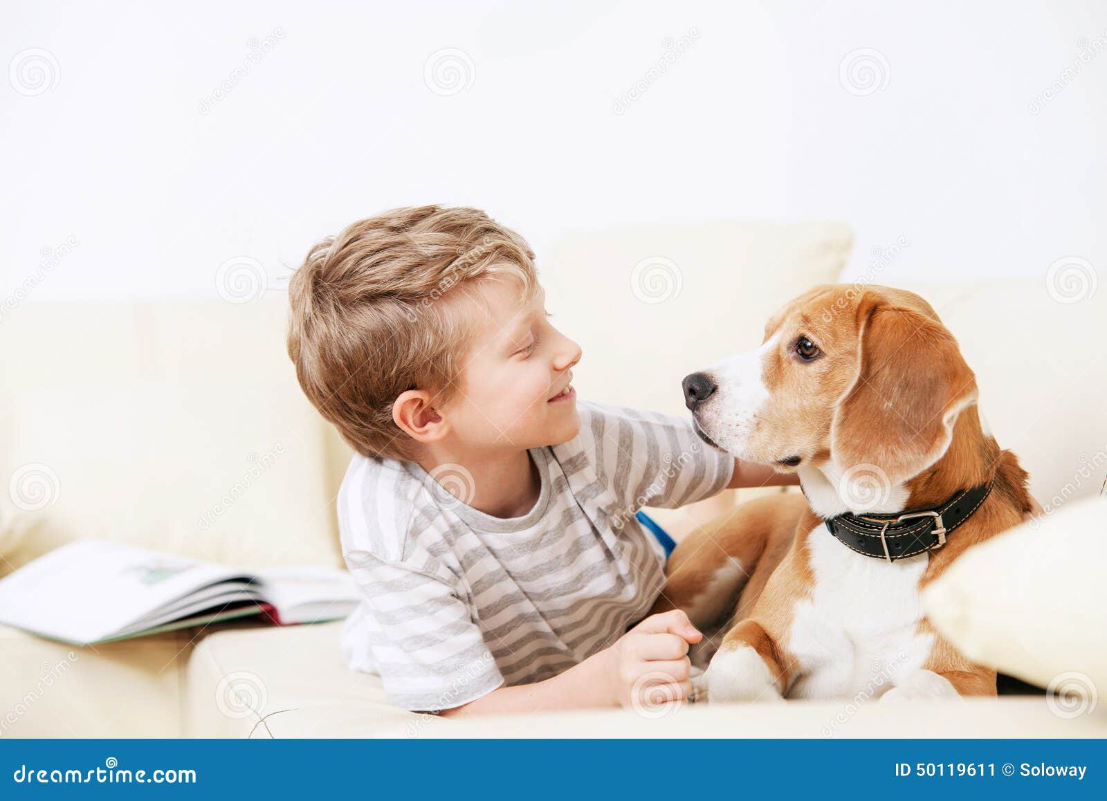 Two Friends - Boy and Dog Lying Together on Sofa Stock Image - Image of ...