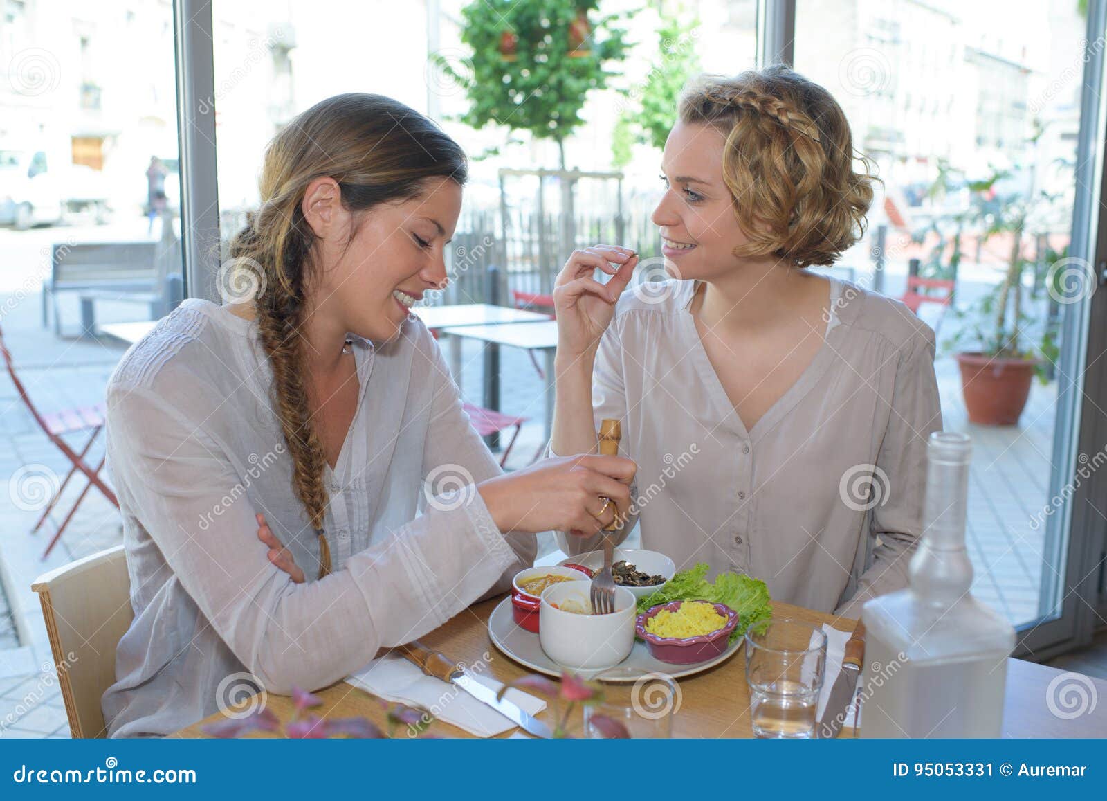 Two Friends in Cafe Having Lunch Stock Image - Image of girl ...