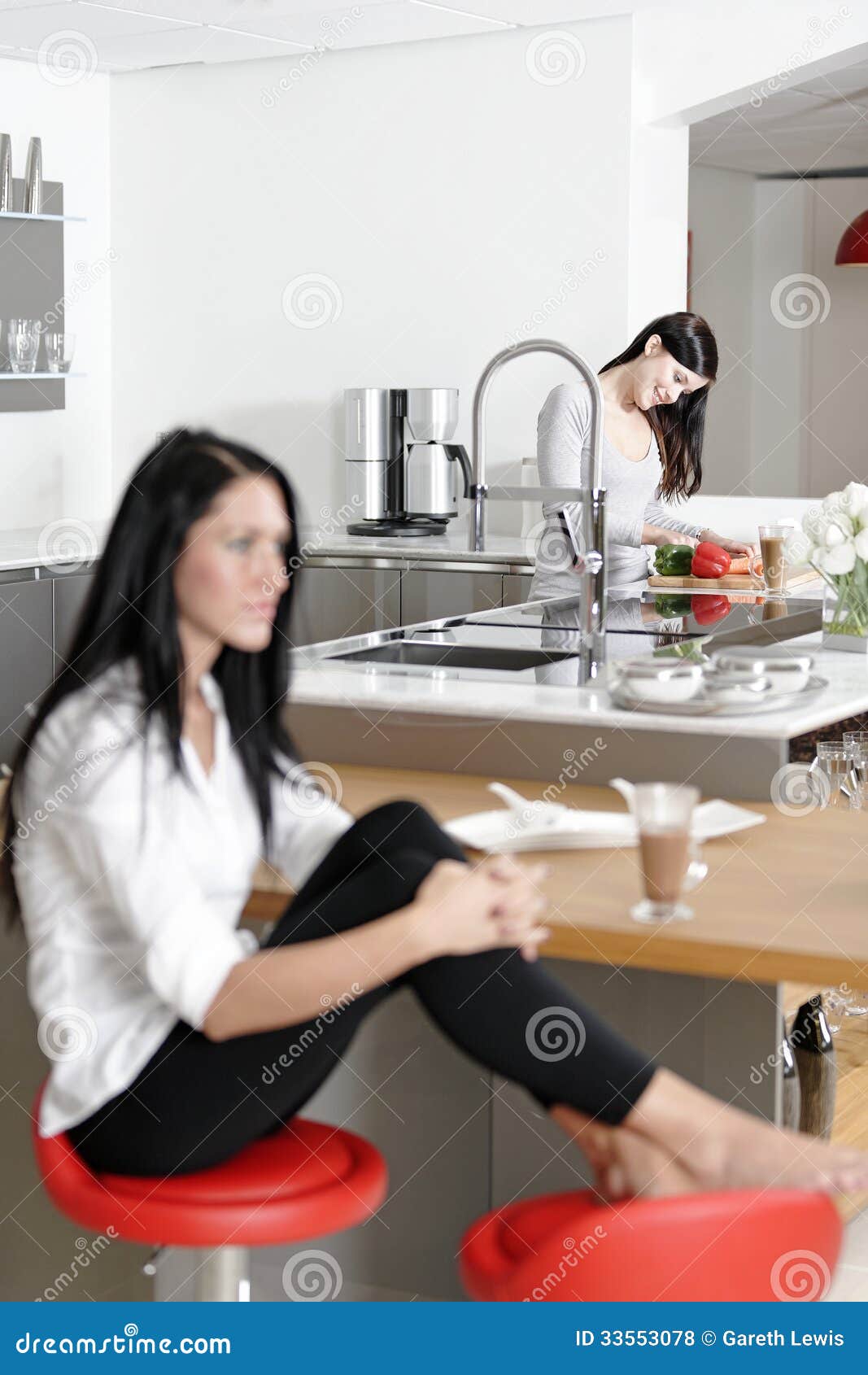 Two Friends Catching Up in the Kitchen Stock Photo - Image of cheerful ...