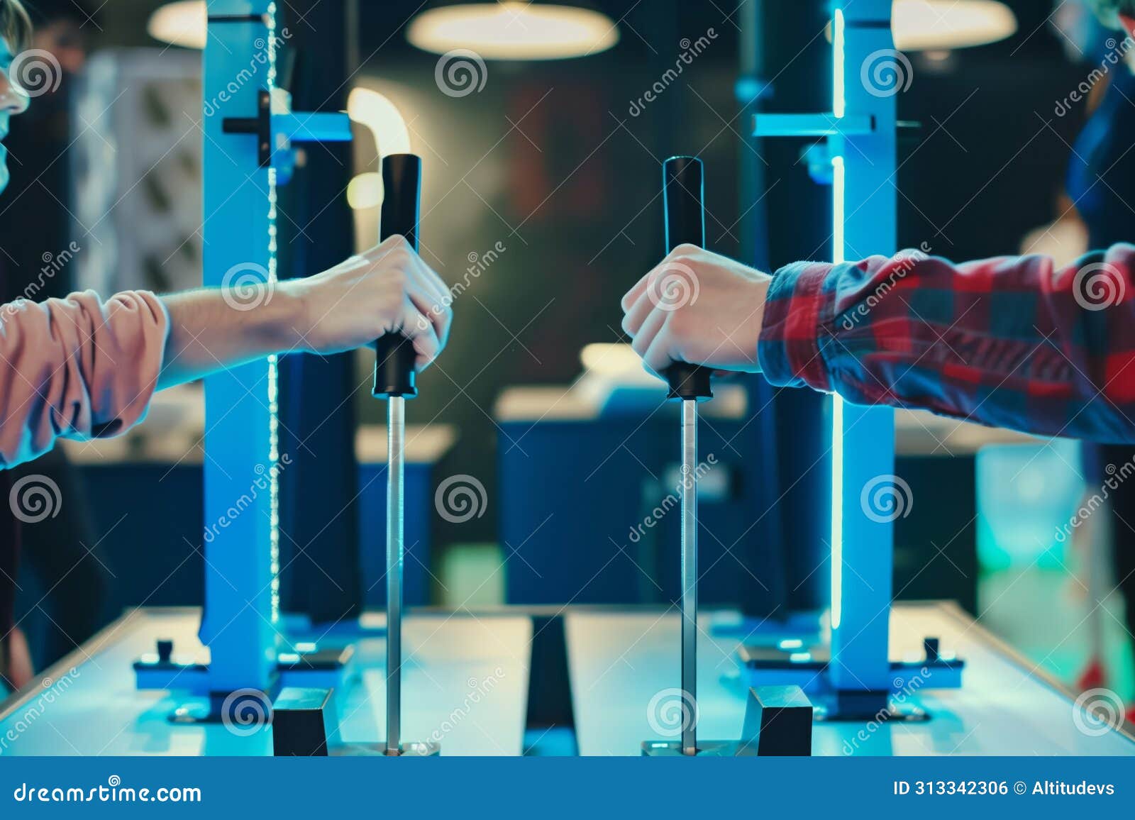 Two Friends Competing, Each with a Hand on Levers Stock Illustration ...